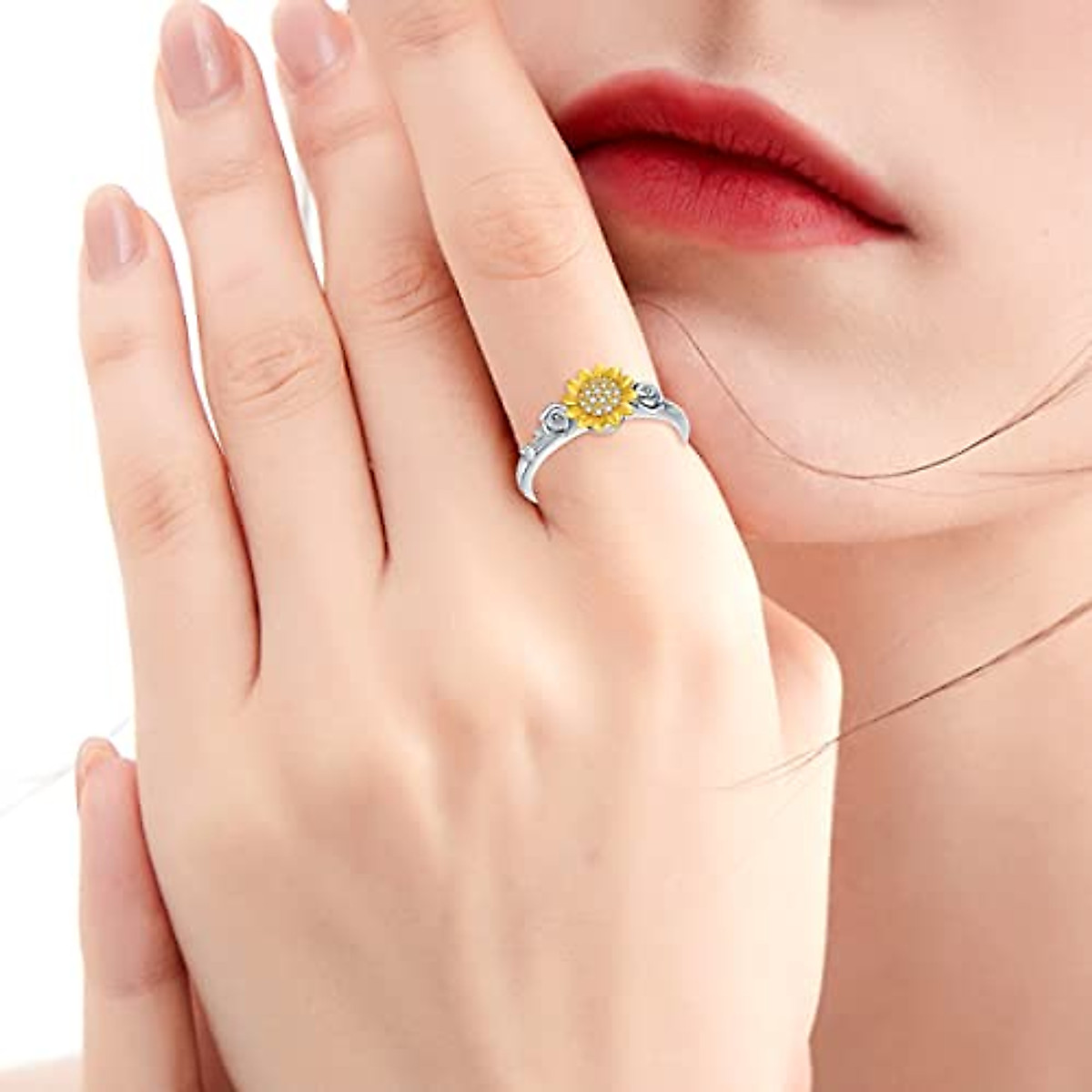 PROESS Sunflower Fidget Ring for Women Girls You Are My Sunshine Statement Ring Sterling Silver Rose Sunflower Jewelry Size 6-8 (6#)