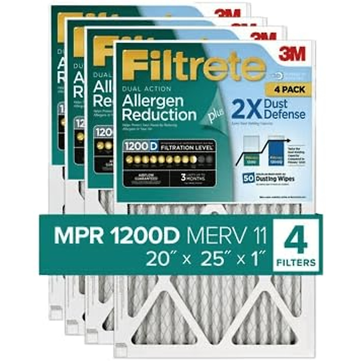Filtrete 20x25x1 Air Filter MPR 1200D MERV 11, Allergen Reduction Plus Dust, 4-Pack Filters (exact dimensions 19.81x24.81x0.81)