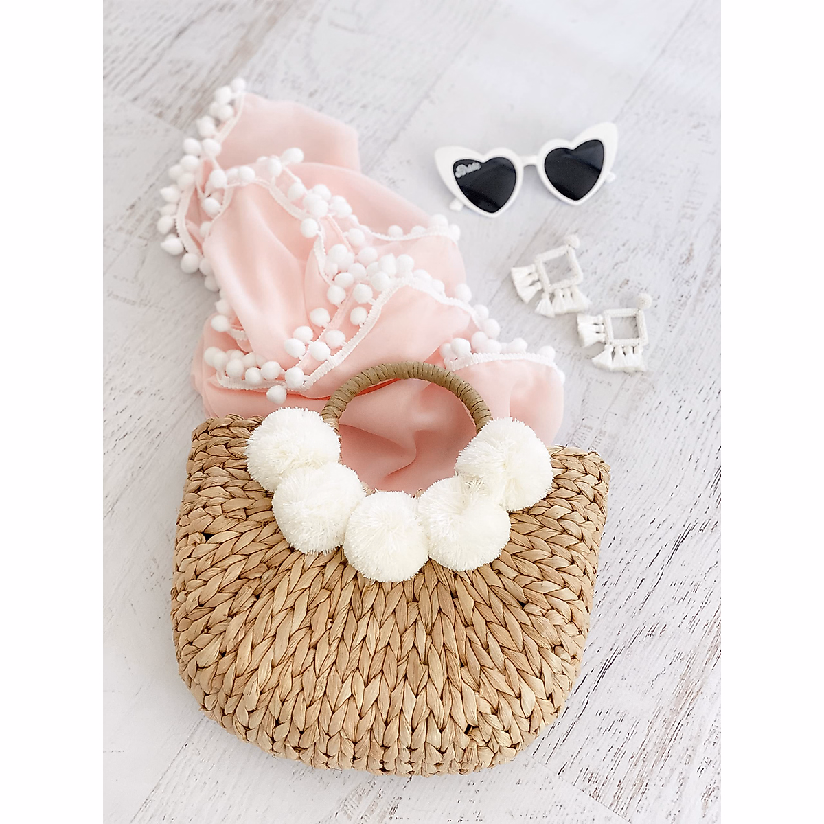 ModParty Boho Chic Straw Bag with Pom Poms Hand-Woven Sound Handle Purse Summer Beach Bag for Women (White Pom Poms)