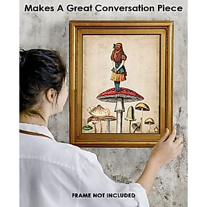 Whimsical Alice Atop Mushrooms Wall Art Print - 11x14 Unframed Picture For Home, Office, Classroom, Dorm, Living Room & Bedroom Decor - Creative Gift Idea For Alice Fans