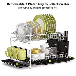 1Easylife Dish Drying Rack, 2 Tier Large Kitchen Dish Rack with Removable Drainboard, Utensil Holder and Cup Holder, Rustproof Nano Coating Dish Drainer