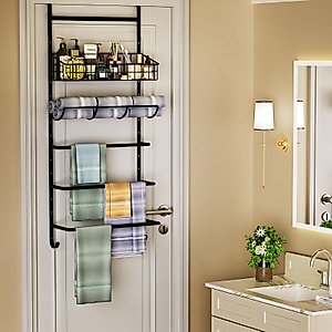 X-cosrack Adjustable Towel Racks for Bathroom Door Hanging, 5 Tiers Over The Door Towel Rack with Hooks, Bathroom Towel Holder Wall Mount for organizing Towels，Clothes