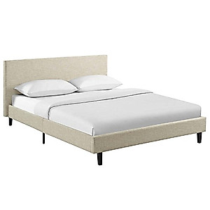 Modway Anya Upholstered Beige Platform Bed with Wood Slat Support in Queen