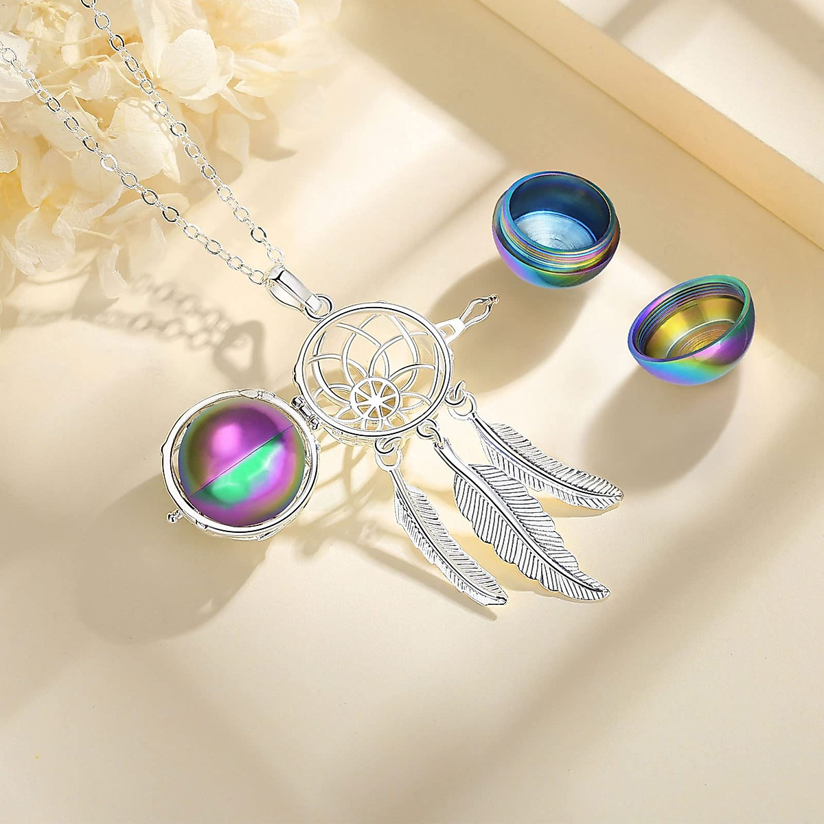 INFUSEU Cremation Jewelry for Ashes for Women Urn Necklace for Human Dog Ash Colorful Rainbow Pendant Dream Catcher Keepsake for Loss of Mother Father Dad Mom Grandma Grandpa