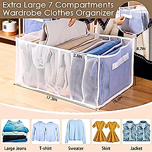 Extra Large Oversize Jeans Wardrobe Clothes Organizer, 7 Grid Mesh Closet Shelf Organizers for Jeans Pants T-shirts, 17.3-inch with Handle Foldable Drawer Storage Box Bedroom (White, 2Pcs Upgraded)