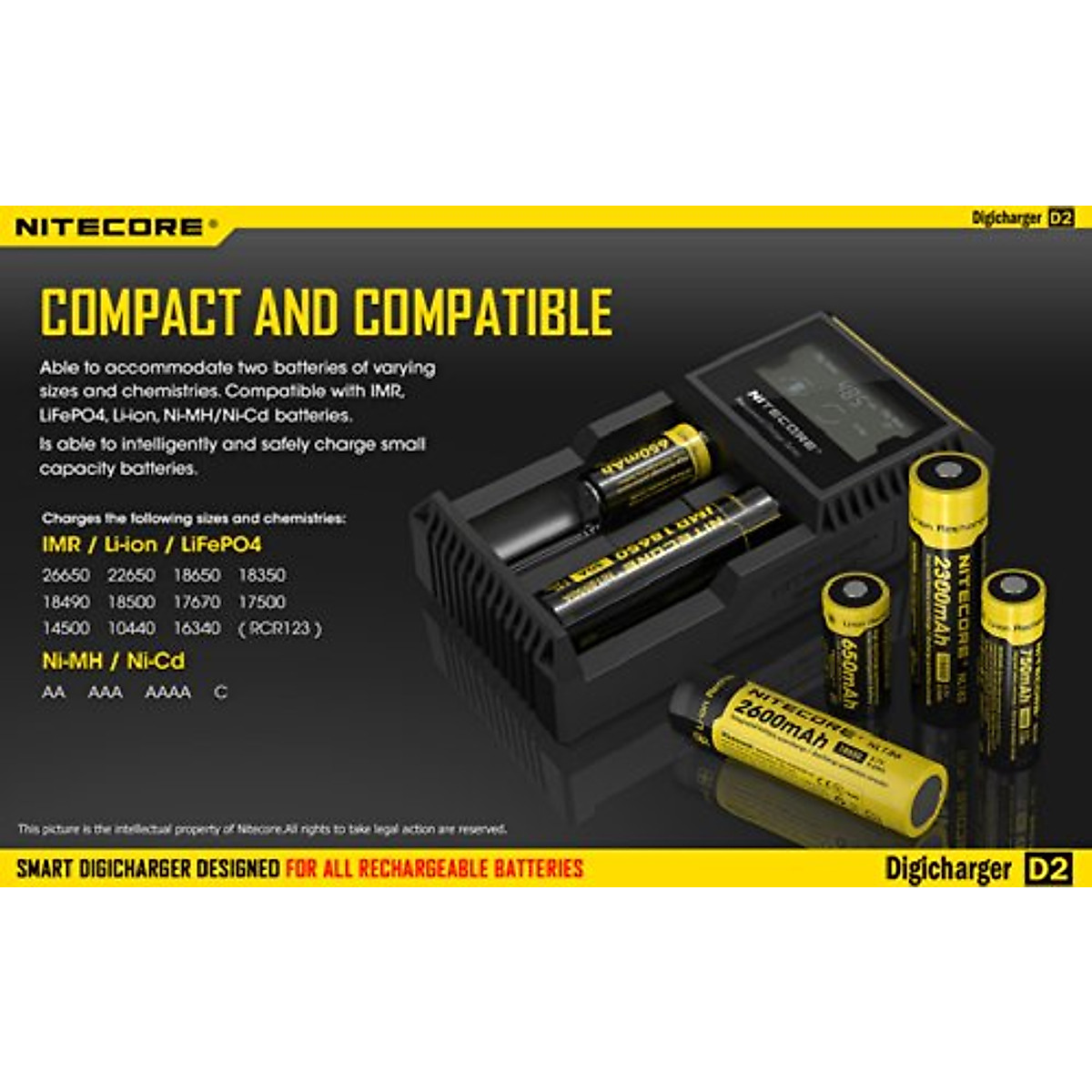 Nitecore D2 smart Charger 2015 version with LCD display For Li-ion, IMR, LiFePO4 26650 22650 18650 17670 18490 17500 18350 16340 RCR123 14500 10440 Ni-MH And Ni-Cd AA AAA AAAA C Rechargeable