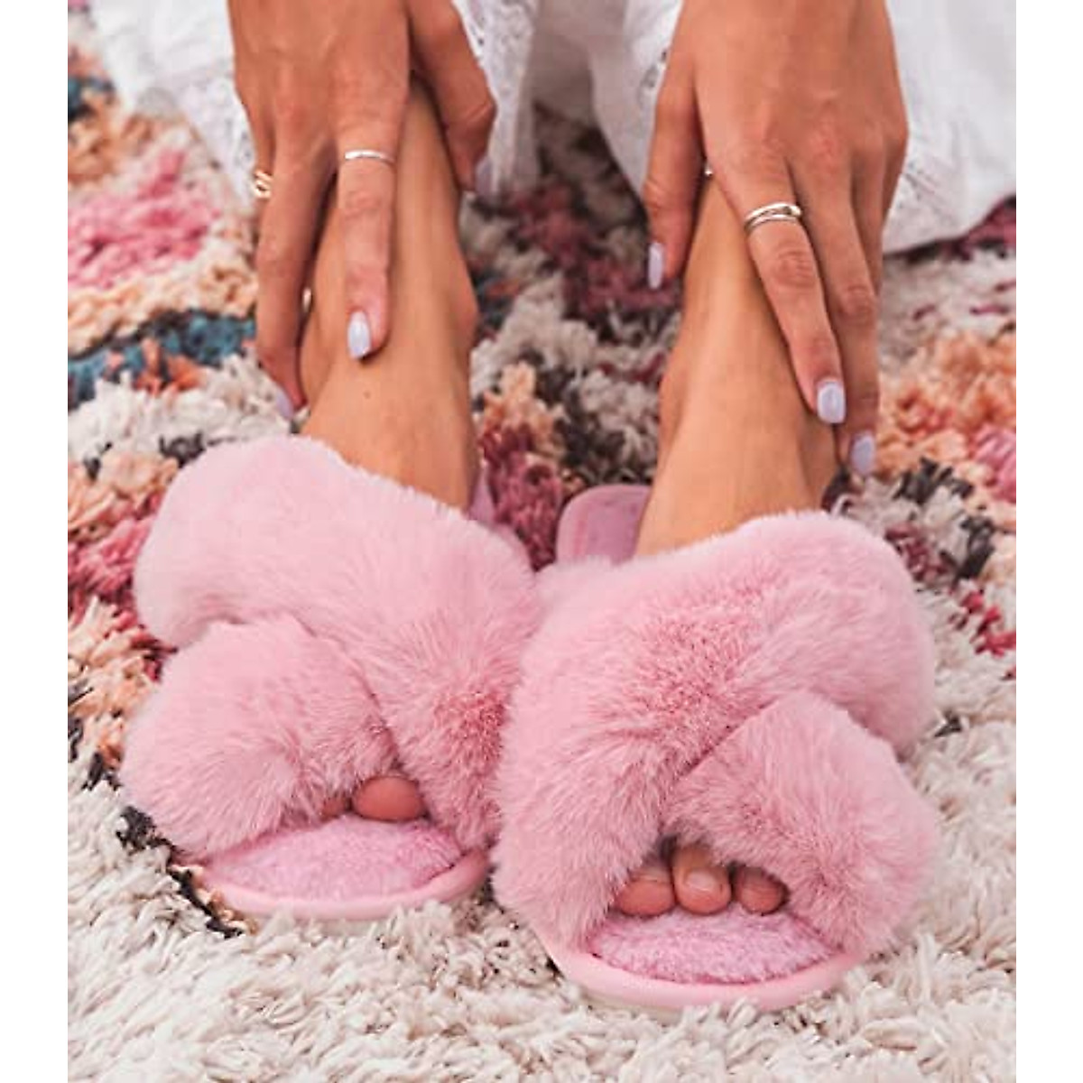 Women Pink Fuzzy Fluffy Slippers-Ankis Soft Cozy Plush Fuzzy Slippers Faux Rabbit Fur Memory Foam Furry Open Toe Breathable Fuzzy Slippers Bedroom Warm Comfy Cross Band Slippers for Women House Indoor
