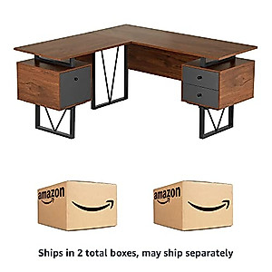 Techni Mobili Reversible L-Shape Computer Drawers and File Cabinet Home Office Desk, 59 x 57.75 x 30, Brown, Grey