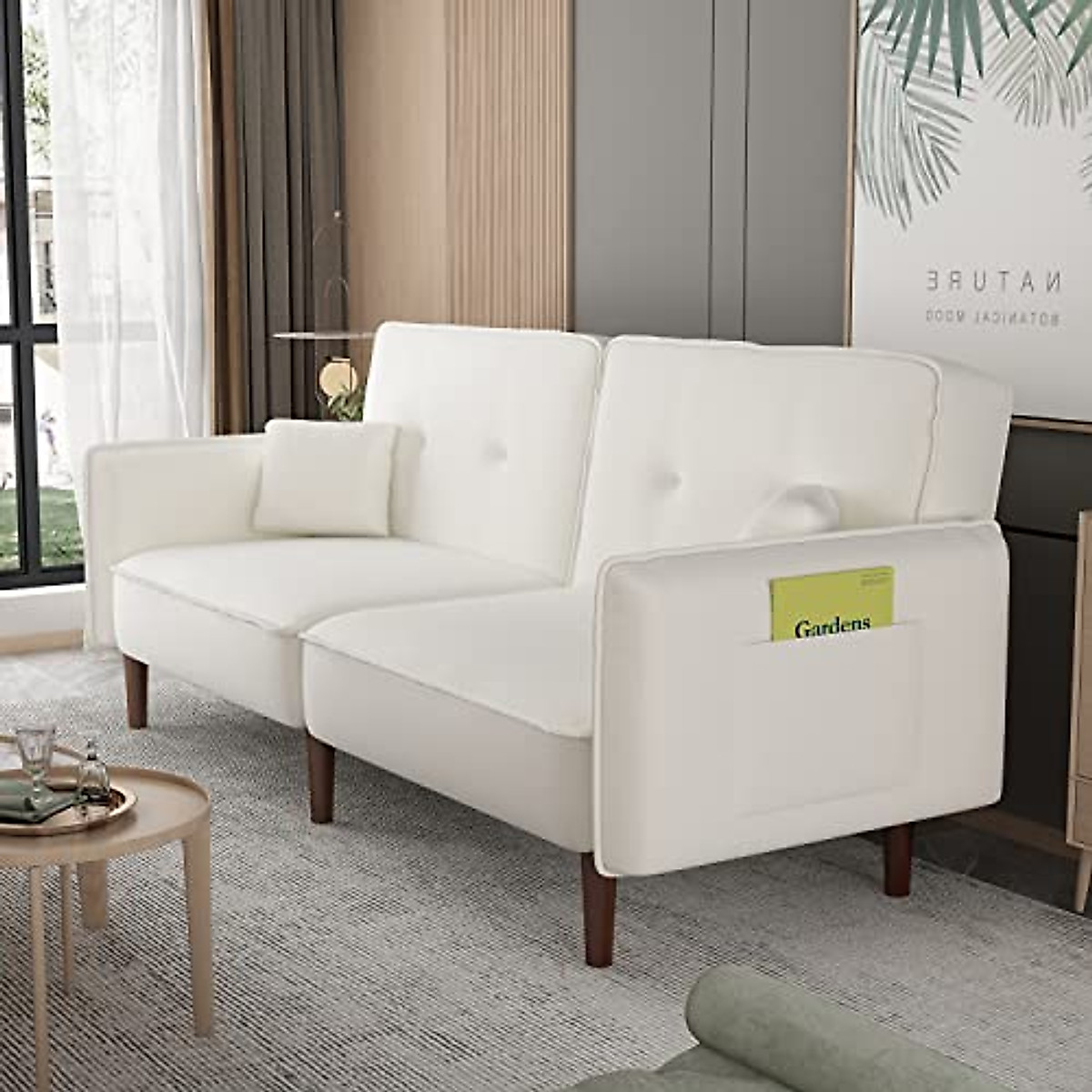 Woanke Convertible Sleeper, Futon Sofa Arms Split Back Design, Compact Couch Bed for Living Room, White