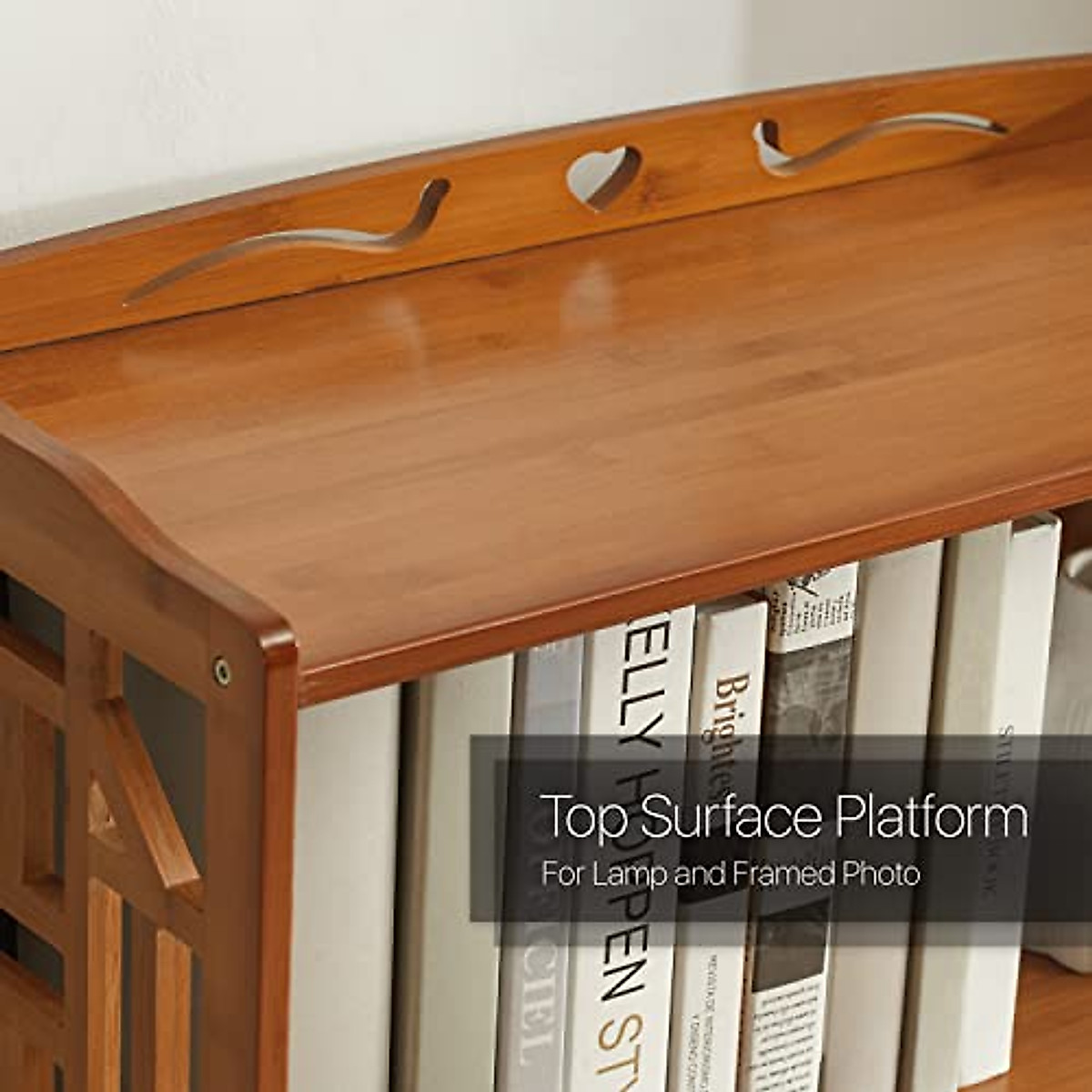 MoNiBloom 4 Tier Bookcase with Storage Cabinet, Bamboo Book Shelves Display Shelf with Carved Door for Home Office Living Room Study Room, Brown