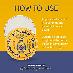 SEVEN POTIONS Beard Balm for Men — Conditioning Beard Softener to Nourish Skin, Facial Hair, and Stop Beard Itch — All-Natural, Vegan, Cruelty Free — Citrus Tonic (2 FL OZ)