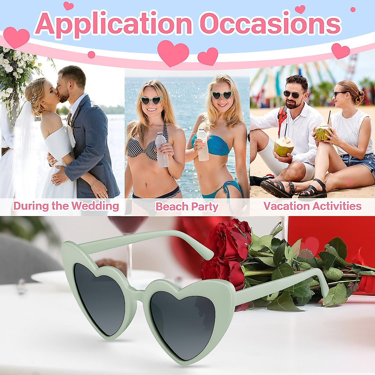 BOUBONI 12 Pack Green Heart Sunglasses Vintage Heart Shaped Glasses Bulk Bachelorette Sunglasses for Women Wedding Party Supplies Favor