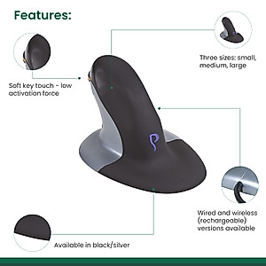 Posturite Penguin Wired Ambidextrous Ergonomic Mouse - Vertical High Precision Computer and Laptop Accessory - Compatible with Windows and Apple Mac - Medium Black/Silver