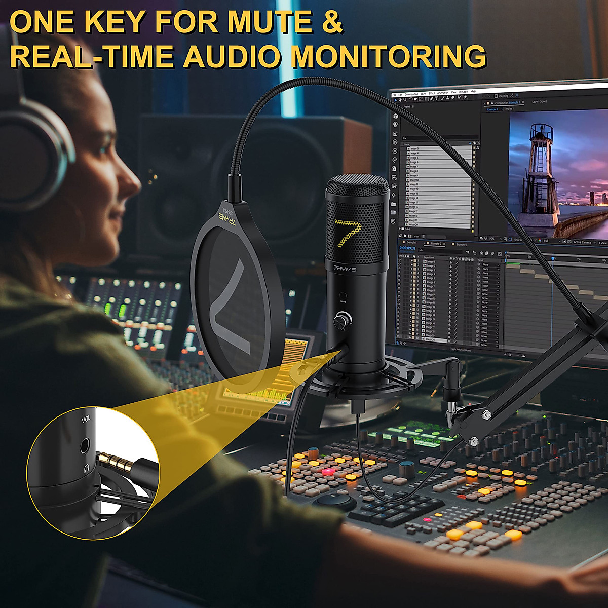 7RYMS SR-AU01-K1 Podcast Microphone Kit with Arm Stand, USB Condenser Microphone for Computer PC Smartphone, Suitable for Gaming Singing Podcasting Recording Live-Streaming