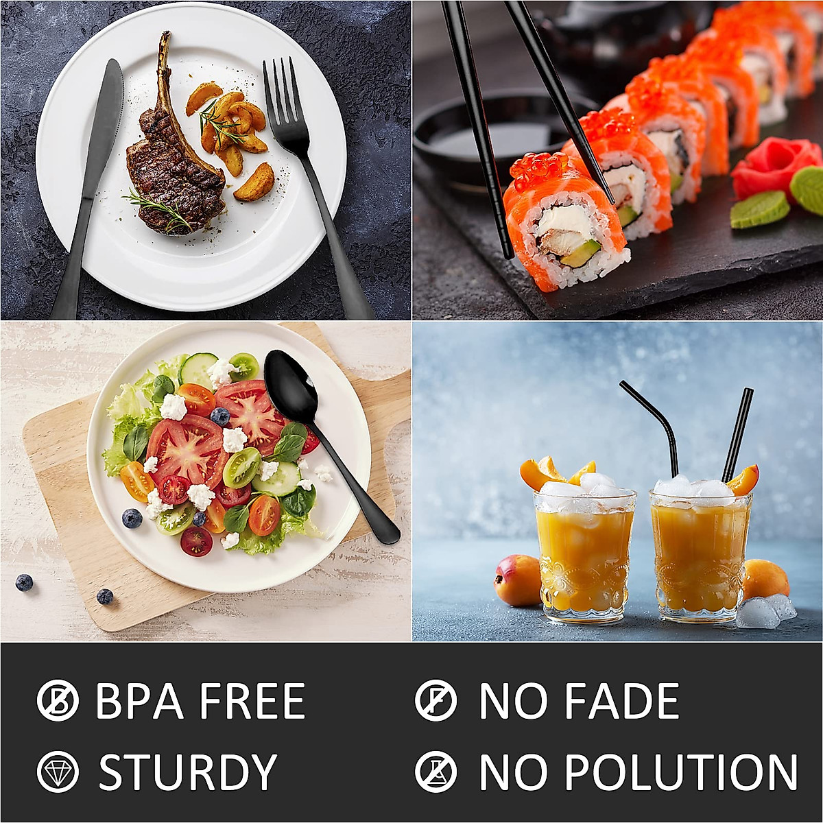 Portable Travel Silverware Set with Case, Reusable Camping Eating Utensils Set, Stainless Steel Cutlery Set for 1, Knife Fork Spoon Chopsticks (9 pieces black)