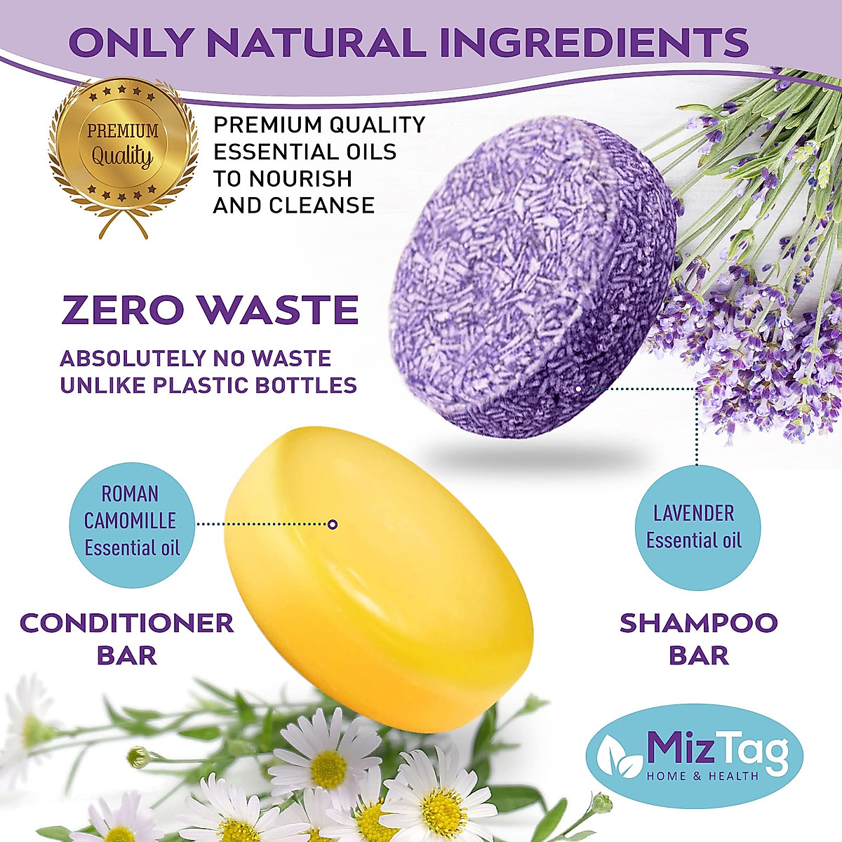 Miztag Home & Health Shampoo and Conditioner Bar Set - 5pcs with Holder & Travel Tins - Vegan, Sulfate-Free, Paraben-Free - Eco-Friendly Gift for Women