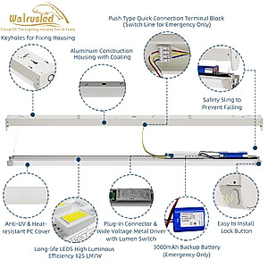 2 Pack 4FT Tri-Level Sensor LED Linear Strip Emergency Stairwell Light w/Remote, CCT 20W/40W Selectable, 125lm/W, Battery Backup, 30K/40K/50K, IP20, Dimmable Commercial Shop Ceiling Light Fixture, FCC