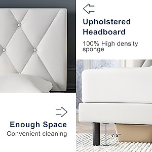 Molblly King Size Bed Frame with Adjustable Headboard, Linen Fabric Wrap, Strong Frame and Wooden Slats Support, No Box Spring Needed, Non-Slip and Noiseless, Easy Assembly, Off-White