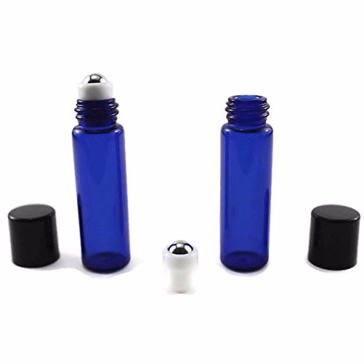 HS HEALTHY SOLUTIONS GLASSWARE 5ml COBALT BLUE Glass Roll On Roller Bottles 144 with Stainless Steel Roller Inserts & Flat Black Screw Caps - Pack of 144 each.