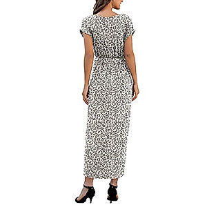 GRECERELLE Women's Short Sleeve Summer Dresses Elastic Waist Slit Casual Long Maxi Dress with Belt FP-Leopard Coffee-Large
