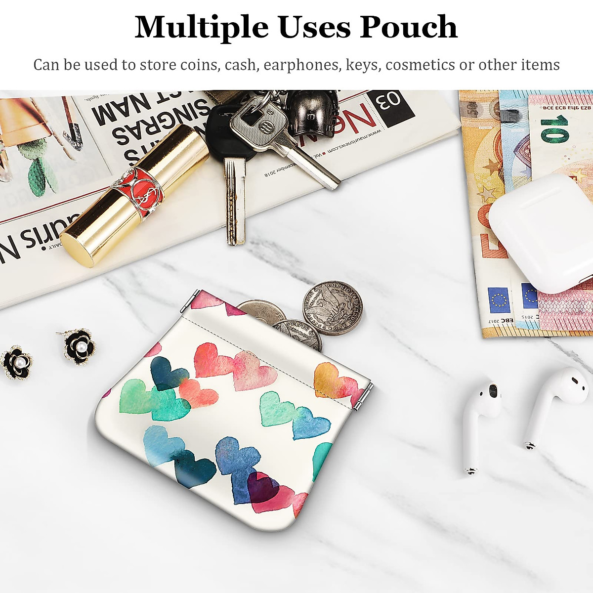 Squeeze Coin Purse, PU Leather Coin Pouch Change Holder for Woman Girls (Raining Hearts)