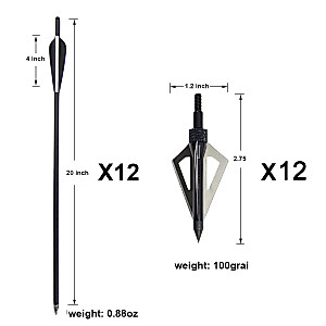 VNAKER 20 Inch Carbon Crossbow Bolts 12 Pack and Hunting Broadheads 12 Pack, Carbon Crossbow Arrows for Hunting and Outdoor Practice(Black)