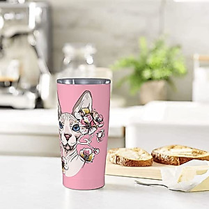 Sphynx Cat With Cherry Flowers Stainless Steel Tumbler With Lid And Straw 20oz Insulated Coffee Mug & Tea Cup Travel Coffee Mug Car Thermos Cup