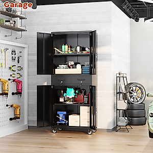 LOCENHU Garage Cabinet with Locking Doors,Tool Storage Cabinet with 4 Wheels and 2 Drawer and Adjustable Shelves- 71" H Rolling Storage Cabinet for Garage,Warehouse,Home,Office,School(Black)