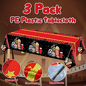 3 Pieces Movie Night Tablecloth Plastic Movie Theme Table Covers Movie Theater Table Cloth for Movie Night Party Supplies Movie Theme Red Carpet Birthday Party Decor, 54 x 108 Inch