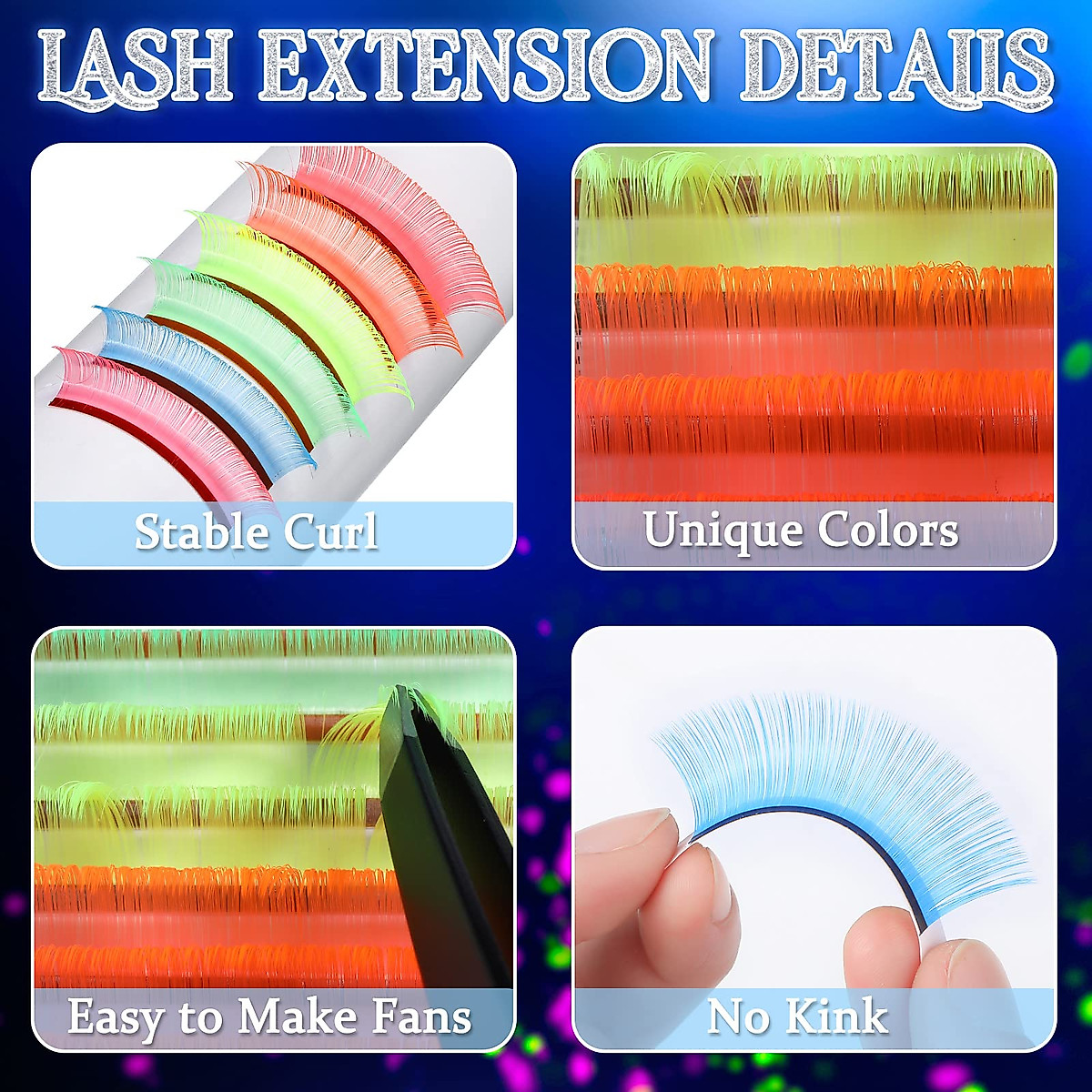 Halloween Neon Color Eyelash Extensions Halloween Party Makeup Eyelashes UV Curl Mix Colored Lash Extension Glow in The Dark Lash Extensions, Mix Color (Multicolored,15-20 mm)