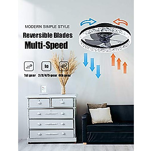 QUMFIXPU 20" Round Flush Mount Ceiling Fan with Lights, Modern Dimmable LED Low Profile Fan, Hidden Reversible Blades, Multi-Speed and Timing with Remote Control (Black)…