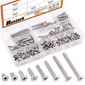 Rustark 150Pcs M5 [10-45mm] 304 Stainless Steel Flat Head Phillips Cross Wood Screw Self Tapping Drilling Screws Assortment Kit