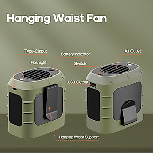 Rican Portable Waist Fan, Rechargeable Waist Fan with Clip On, 8000mah Wearable Fan Belt Fan with Led Light, Personal Shirt Fan for Works, Travel, Camping, Outdoor(Green)