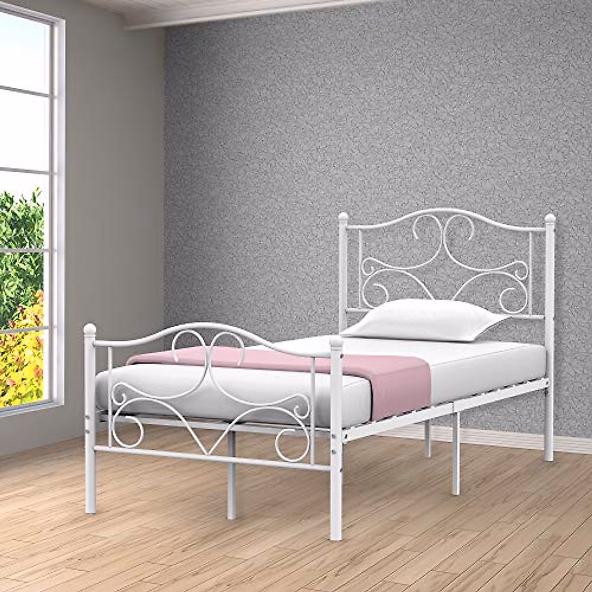 Amyove Curved Twin Size Metal Bed Frame with Storage for Kids, Platform Bed Frame with Headboard Footboard No Box Spring Needed White (Twin)
