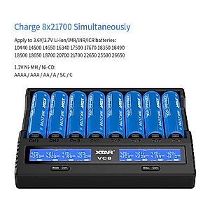 8 Bays Charger USB C Battery Charger XTAR VC8 Type C 3A Fast Charger 8-Bay Smart Charger LCD Display for 3.6V 3.7V Li-ion 1.2V Ni-MH C (Package Not Including Battery)