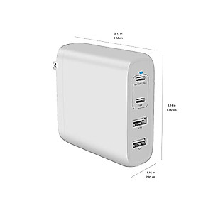 Amazon Basics 100W Four-Port GaN Wall Charger w/ 2 USB-C (100W,18W) & 2 USB-A Ports (12W) w/PD for Laptops, Tablets & Phones (iPhone 16/15/14/13/12/11/X, iPad, Mac, Samsung, and More), Non-PPS, White