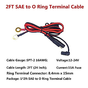 O Ring Terminal Cable - 2FT SAE Connector, Sae Plug to Battery Charger Cord, Solar Panel Cord Ring Terminal Harness Extension Adapter 12V 24V 2 Pin Quick Connect and Disconnect 10A (1 Pack)