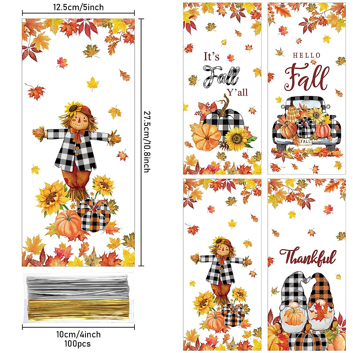 200 Pieces Thanksgiving Treat Bags Fall Cellophane Favor Bags Autumn Plaid Treat Bags Maple Leaves Pumpkin Fall Candy Bags with Twist Ties for Thanksgiving Fall Autumn Party Supplies