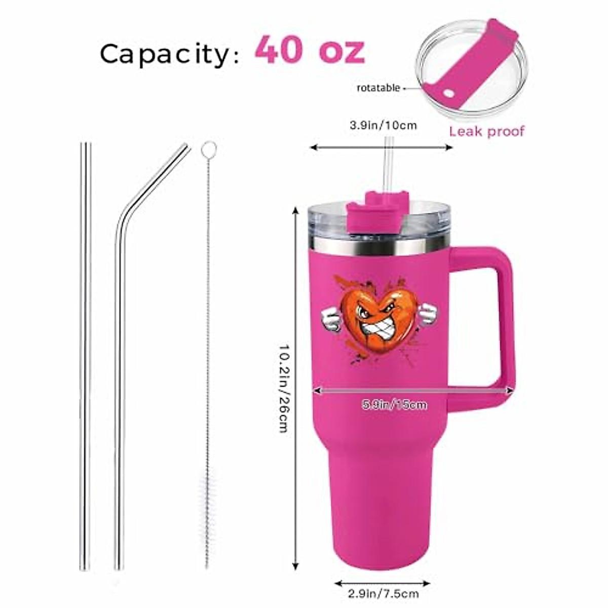 40 Oz Insulated Tumbler with Handle and Straw,Love Heart Shape Stainless Steel Vacuum Insulated Travel Mug,Leak-proof Water Bottle Iced Coffee Cup,Cartoon Graffiti Art