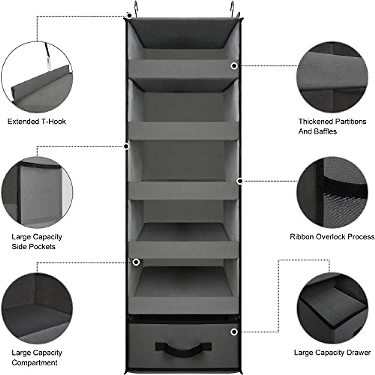 Licode 66LBS-Capacity Hanging Closet Organizer, Collapsible Hanging Closet Shelves, Hanging Purse Handbag Organizer for Closet & RV,42.5" H X 12.2" W X 13.6" D, 1-Pack A Grey