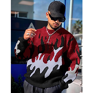 ZAFUL Men's Long-Sleeve Flame Graphic Y2K Aesthetic Crewneck Sweater Oversized Knit Jumper Pullover Wine Red XL