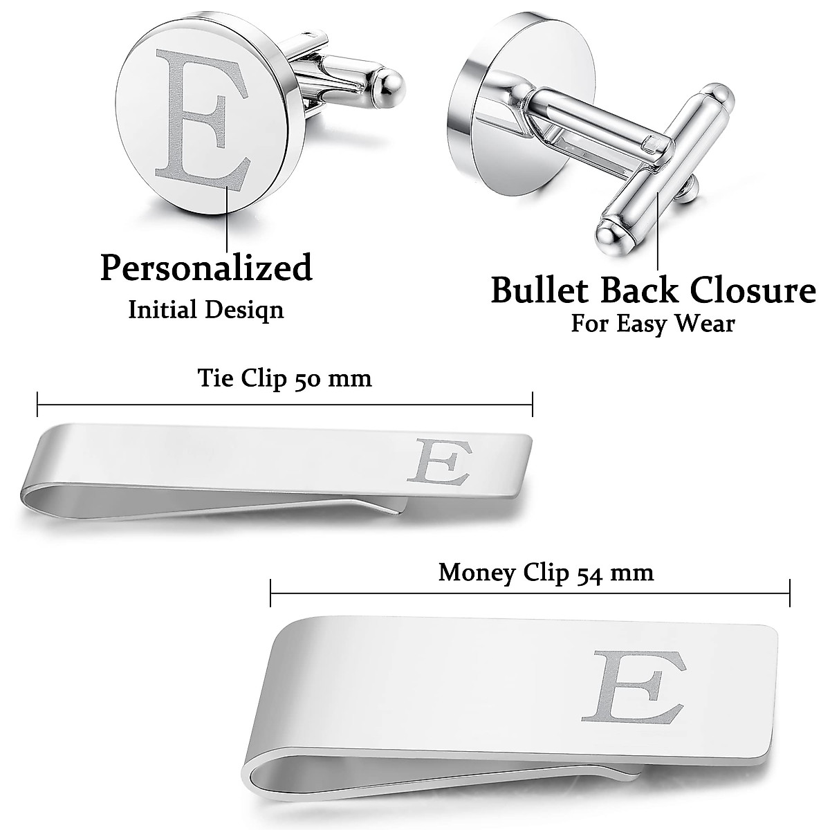 LOYALLOOK 4Pcs Stainless Steel Engraved Initial Cufflinks and Tie Bar Money Clip Set Personalized Button Shirt Initials Tie Clip Alphabet Letter A-Z for Best Man Groom Wedding Business Letter J