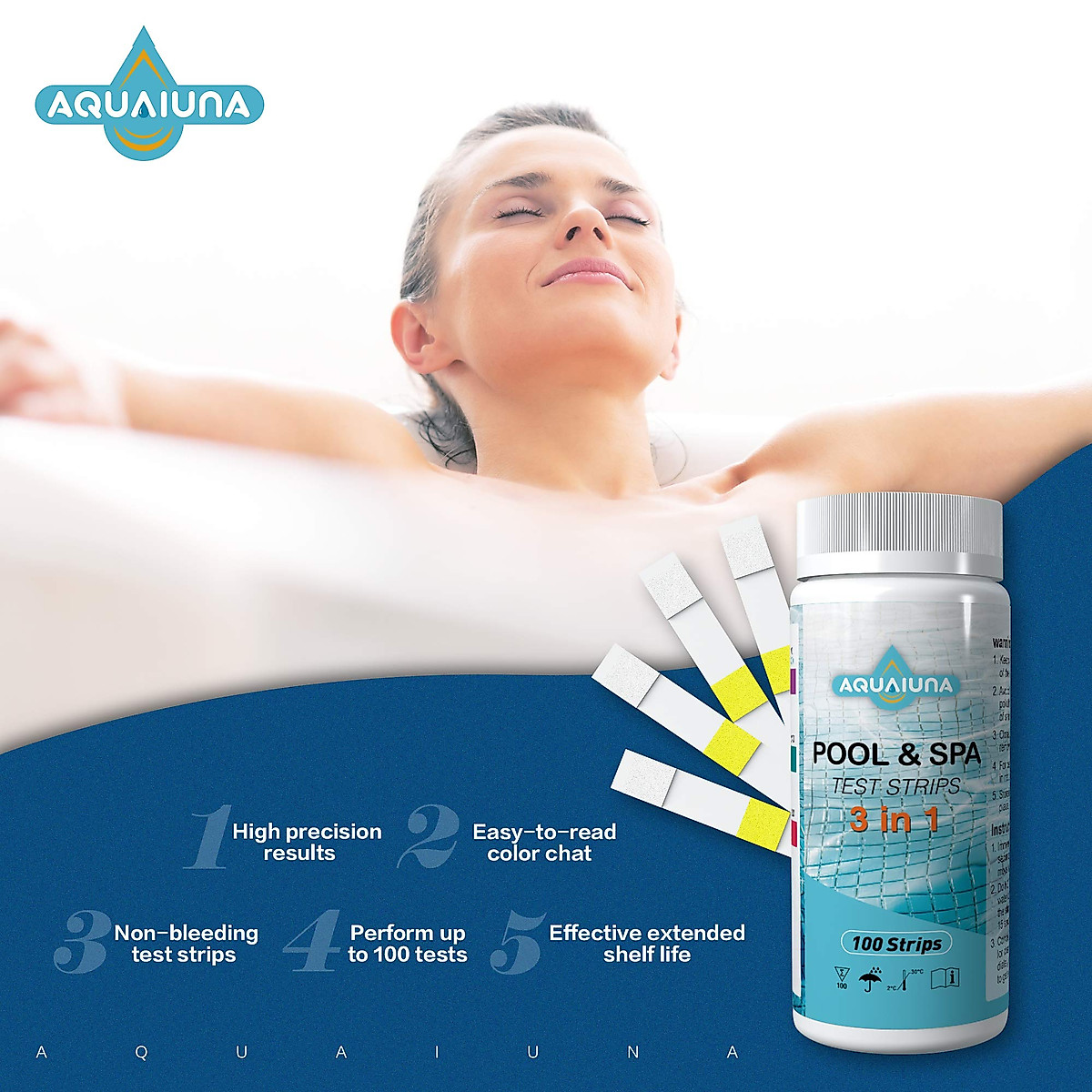 Aqualuna Pool and Spa Test Strips 100 Counts: 3 Way Hot Tub Test Kit Testing for Free Chlorine/Bromine, Total Alkalinity and pH. Easy and Accurate Spa Test Strips for Hot Tub