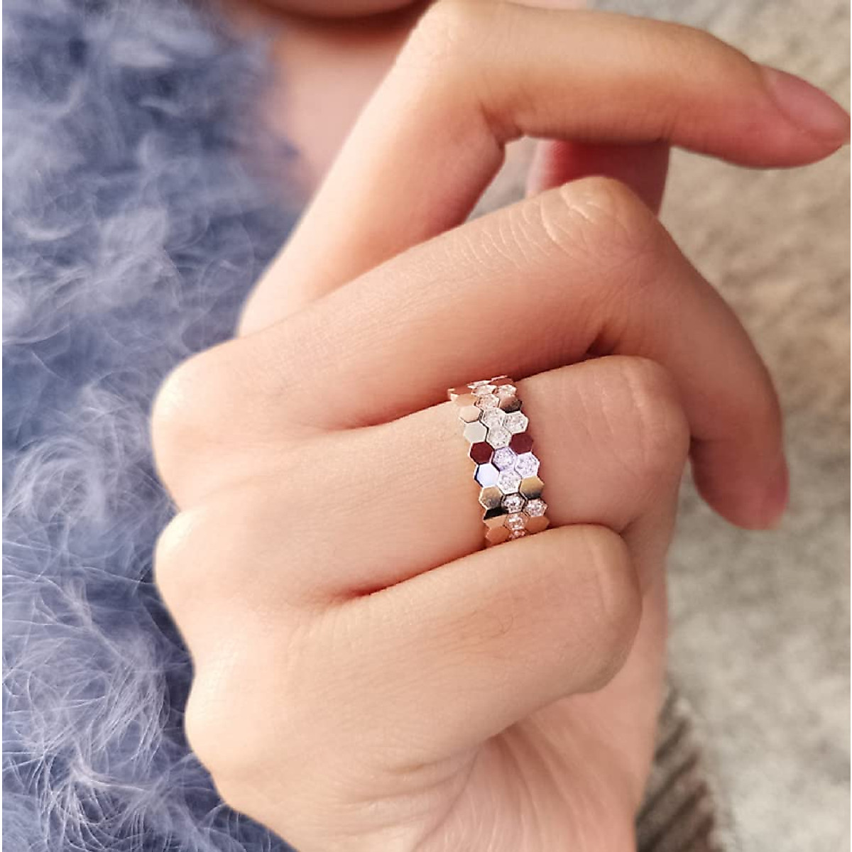 ZDIFDIC Rose Gold Honeycomb Stacking Ring 3 Pieces Hexagon Statement Rings with Delicate Cubic Zirconia Promise Wedding Engagement Eternity Bands Gifts for Women Size 6 to10(10#)