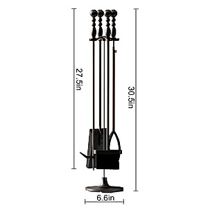 Kingson Fireplace Tools Set 30.7" 5 Pcs Heavy Duty Wrought Iron Fire Place Accessories Set Fireplace Tools Outdoor Fire Pit Tools Indoor Fireset Poker Tongs Brush Shovel-Black