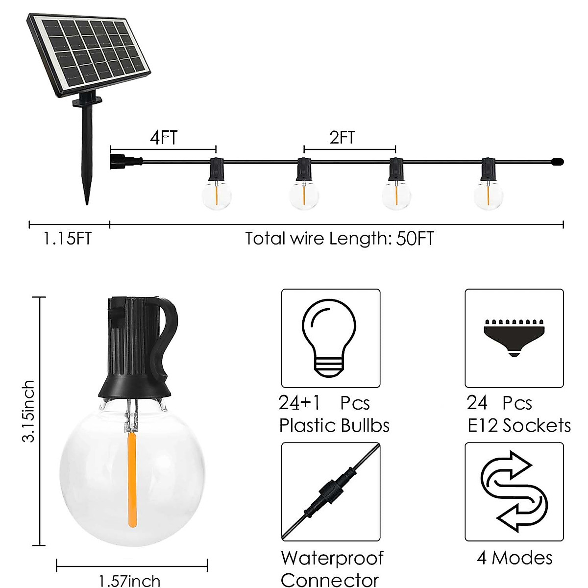 SUNTHIN Solar String Lights, 50ft Solar Patio Lights with 24 Shatterproof G40 LED Bulbs, Waterproof Solar Powered Outdoor Lights for Backyard, Garden, Deck, Porch, Pergola, Pool, Camping, Party