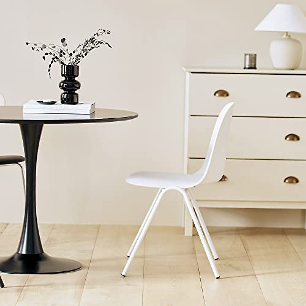 Roomnhome Stackable self-Assembly Plastic seat and Durable Steel Frame Kitchen, Dining, Bedroom Chair Set of 2(White)