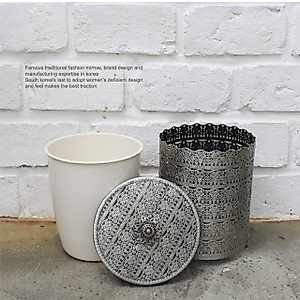 SEHAMANO Rose Patterned Antique Wastebasket, Vintage Decorative Small Trash Can, Garbage Container Bin for Vanity, Bedroom, Kitchen, Powder Rooms, Home Office Rubbish Bin (Small, Tin (Gray))