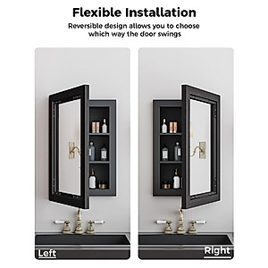 FLYJOE Medicine Cabinet Mirror 16 x 24 Inch Farmhouse Bathroom Mirror Door Paulownia Wood Storage Cabinet with Adjustable Shelves, Wall Mounted for Bathroom Living Room, Black