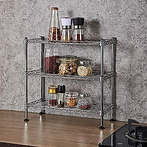 3 Tier Slim Storage Rack,Steel Storage Wire Shelf,Heavy Loading Storage Organizer, Adjustable Levelling Feet Shelving Unit, Silver,17.72W x 7.87D x 17.72H